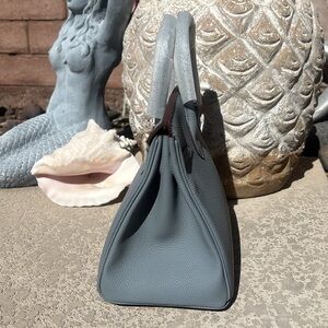 Bags | Light Blue Leather Handbag Satchel Gold Tone Hardware Double ...